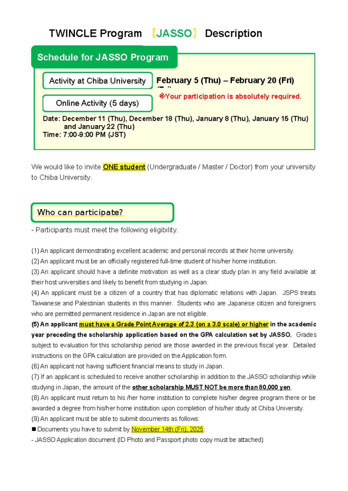 JASSO Program Description 2026: TWINCLE Activities at Chiba University ...