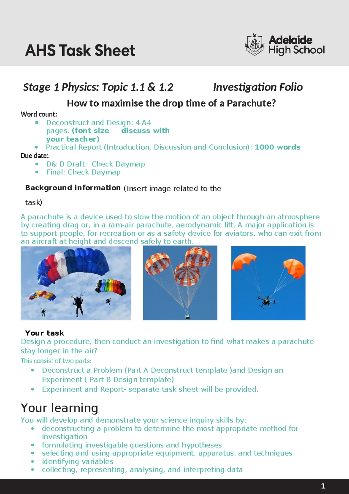 2024 Stage 1 Physics Folio - Practical Investigation on Parachute Drop ...