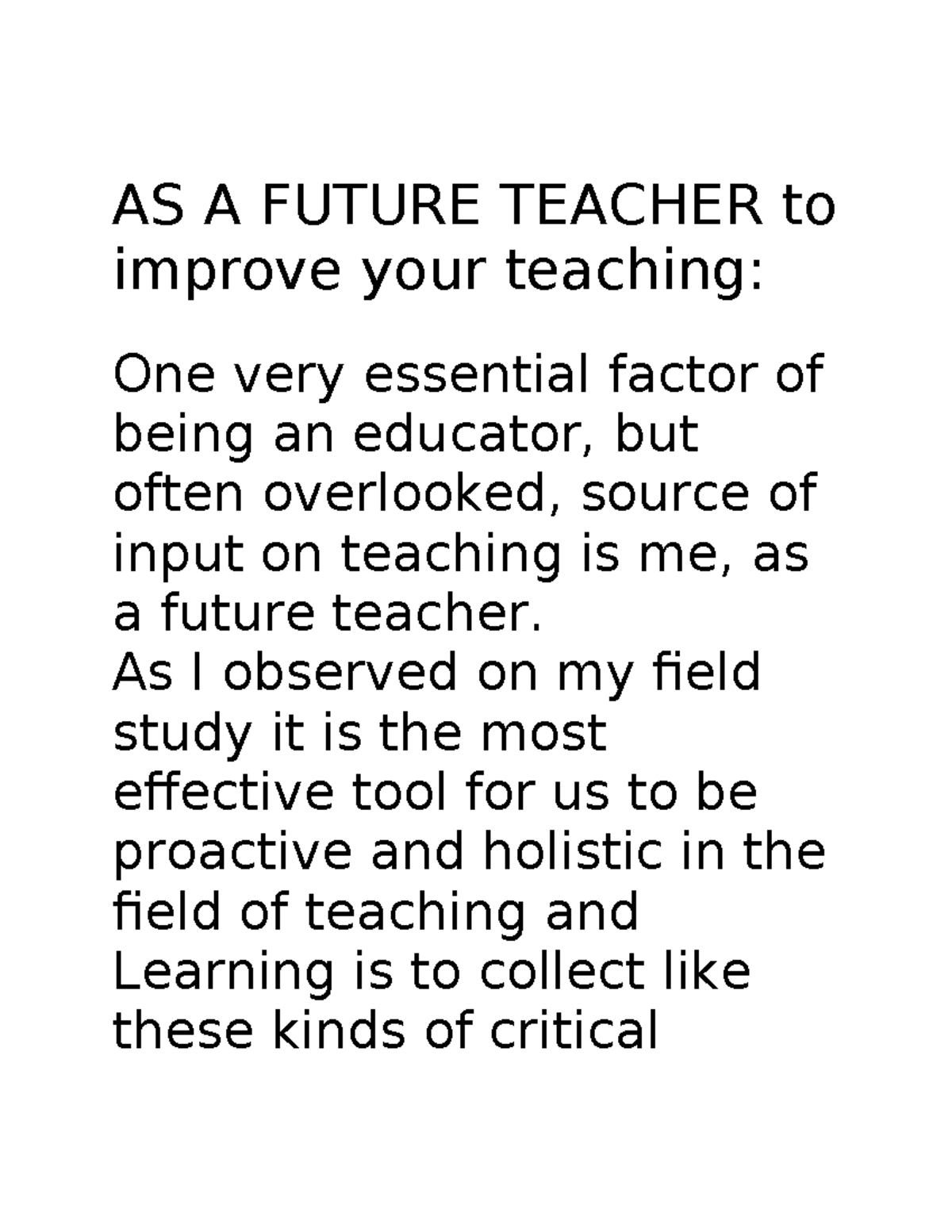 AS A Future Teacher to improve your teaching - AS A FUTURE TEACHER to ...