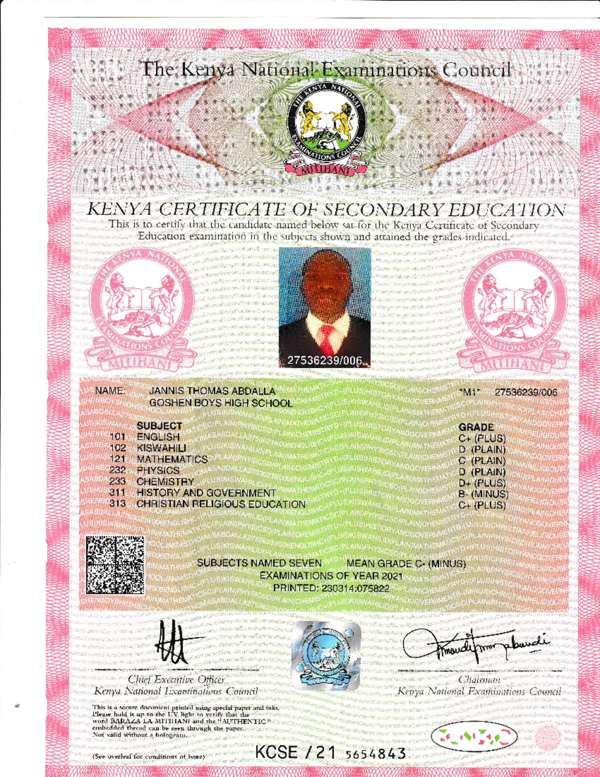 KCSE Certificate of Secondary Education (2021) - Jannis Thomas Abdalla ...