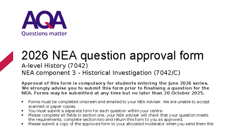 NEA Component 3 Approval Form for History (7042) - June 2026 - Studocu