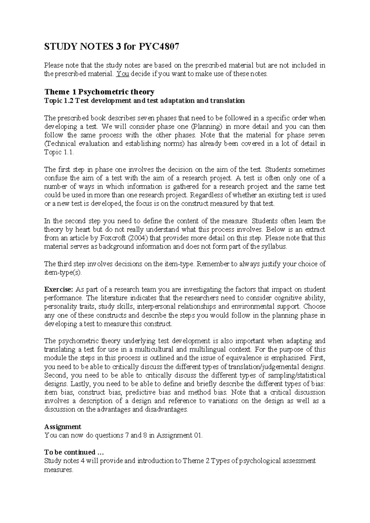 Study+ Notes+3+for+PYC4807 - STUDY NOTES 3 for PYC Please note that the ...