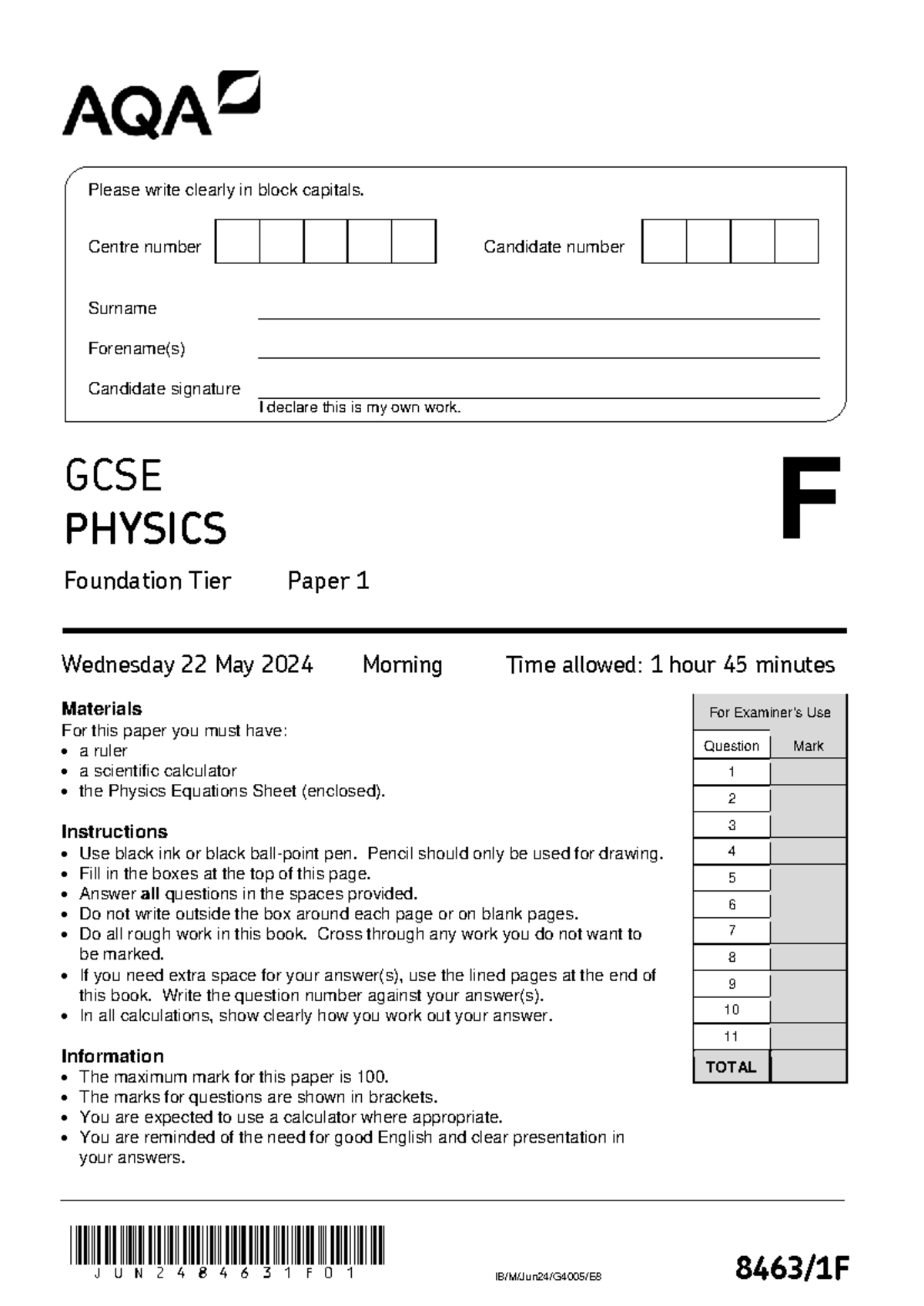 GCSE PHYSICS F Paper 1 Question Paper - June 2024 - Studocu