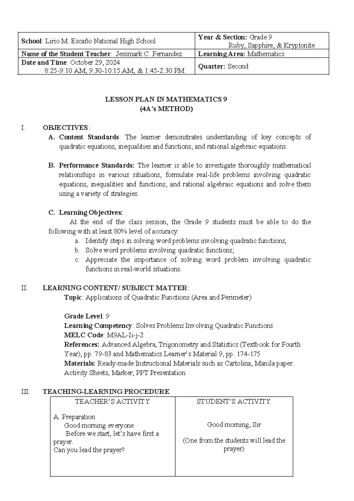 Final Revision Lesson PLAN IN Mathematics 9 - LESSON PLAN IN ...