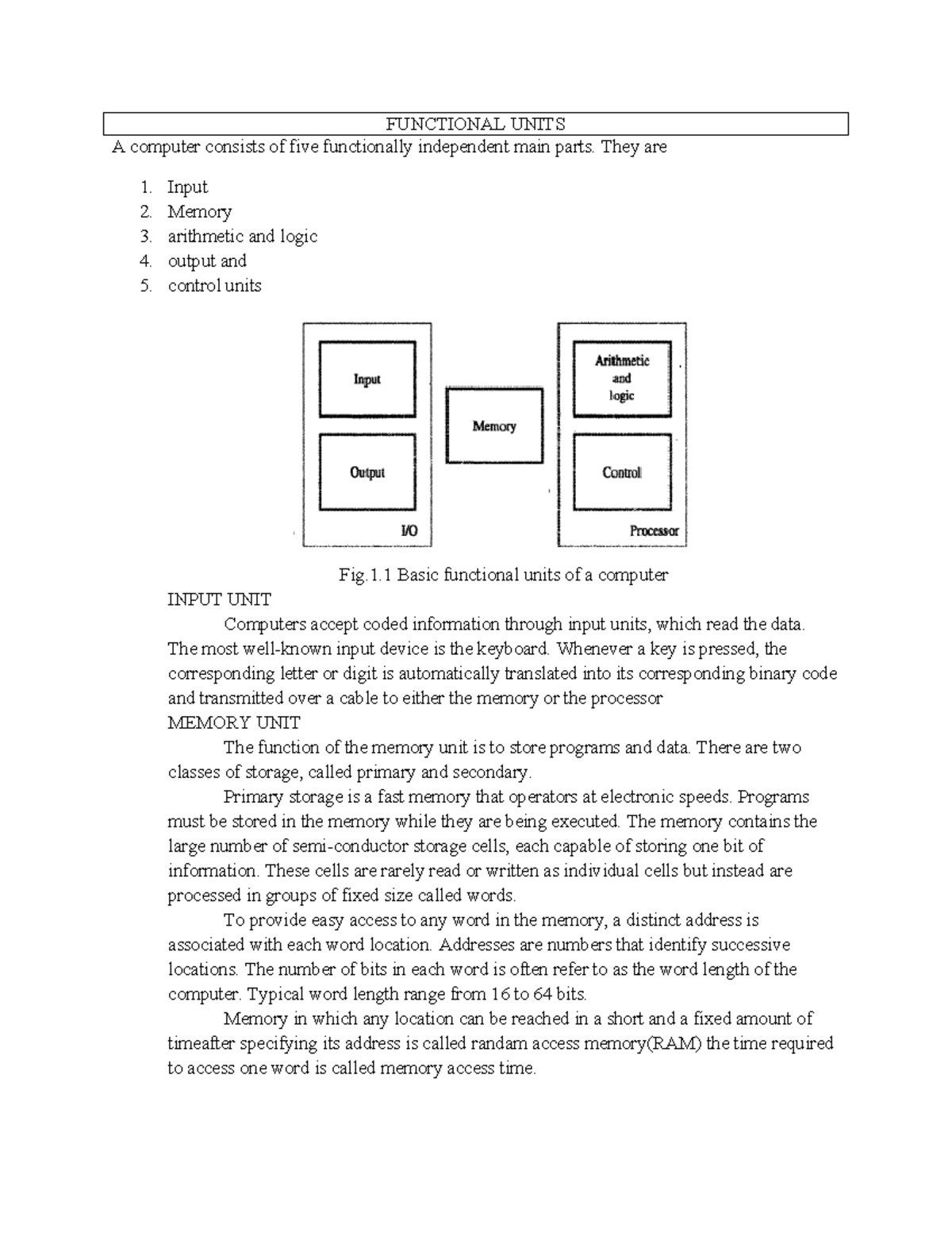 Unit 1 - DDDDDDDDDDDDDDDD - FUNCTIONAL UNITS A computer consists of ...
