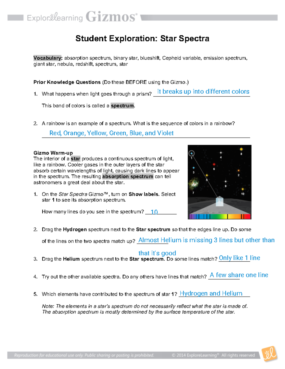 Exploring Star Spectra: Gizmo Student Activity Guide - Studocu