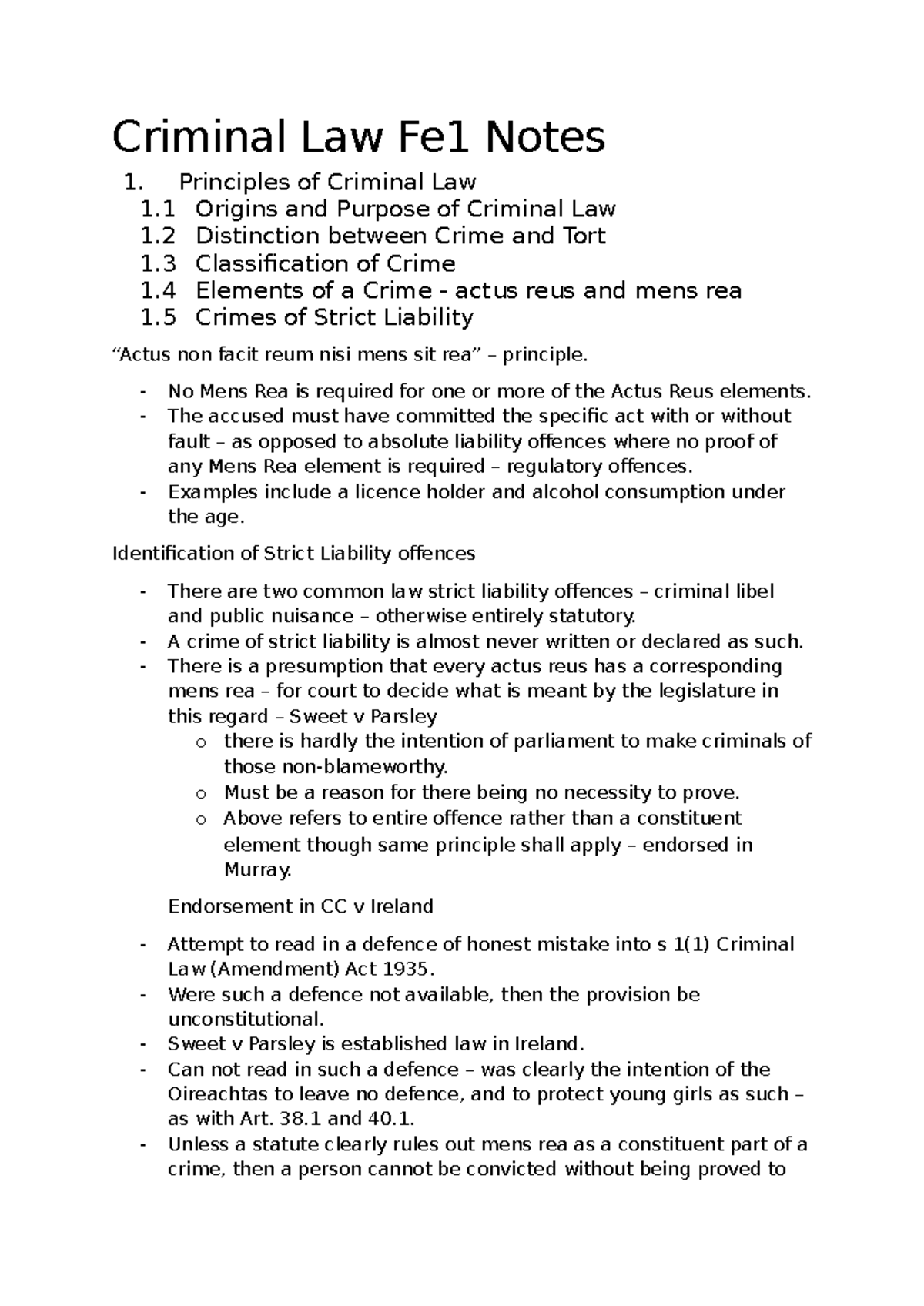 Criminal Law FE1 Notes: Principles and Procedures Overview - Studocu
