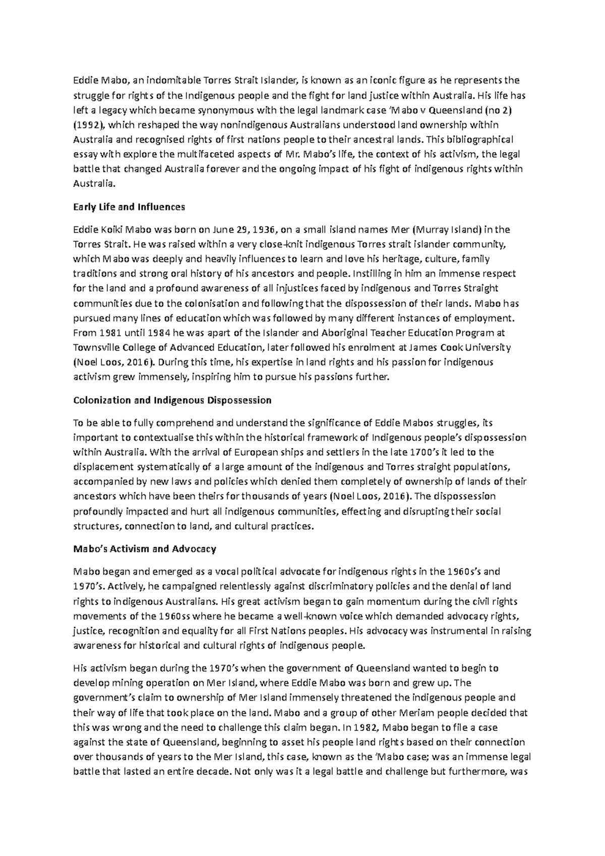 Introduction - World History assignment no 2 major essay - Eddie Mabo ...