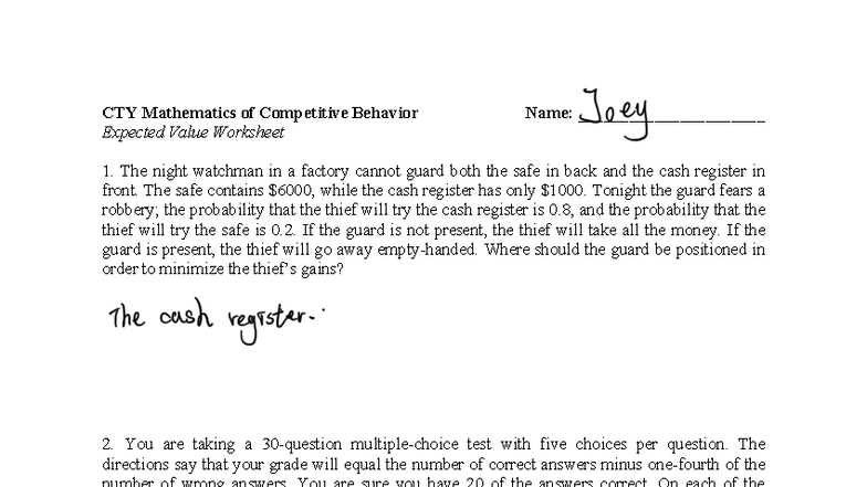 Expected Value Worksheet - CTY Mathematics of Competitive Behavior Name