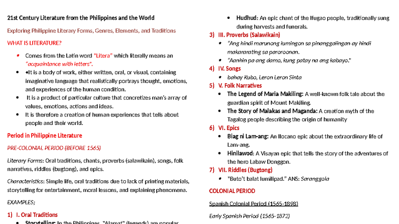 21st Century Lit: Philippine Forms, Genres, and Traditions - Studocu