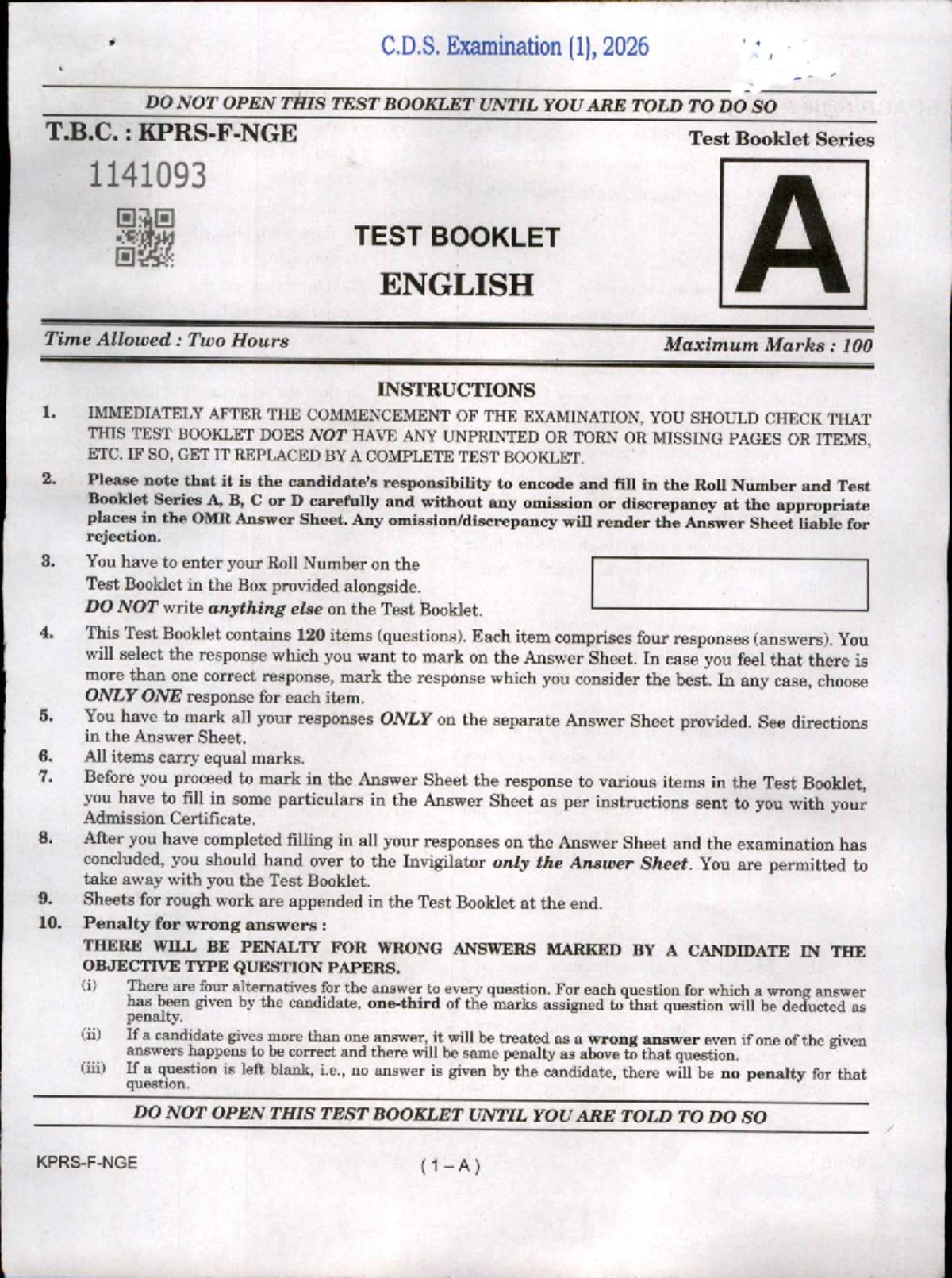QP CDS I 26 English Final Exam Test Booklet 2026 - Studocu
