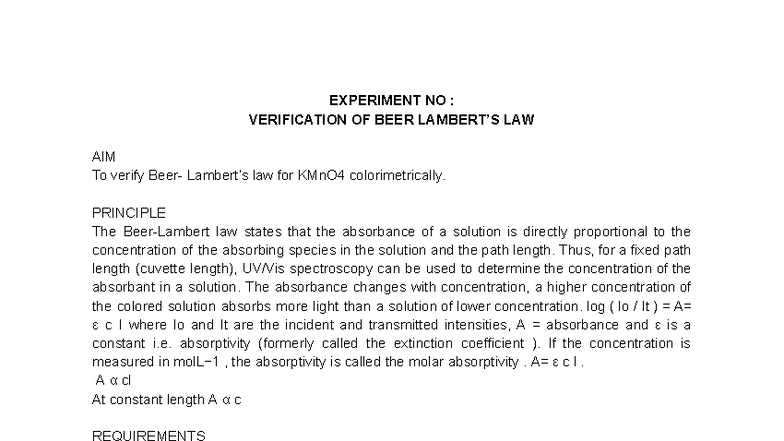 Verification of Beer-Lambert Law: Colorimetric Experiment - Studocu