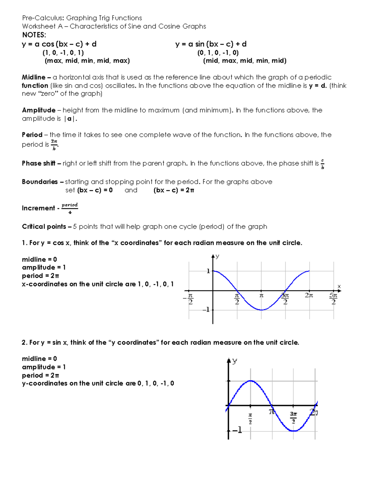 PC Graphing Trig Functions Worksheet A - Sine & Cosine Graphs - Studocu
