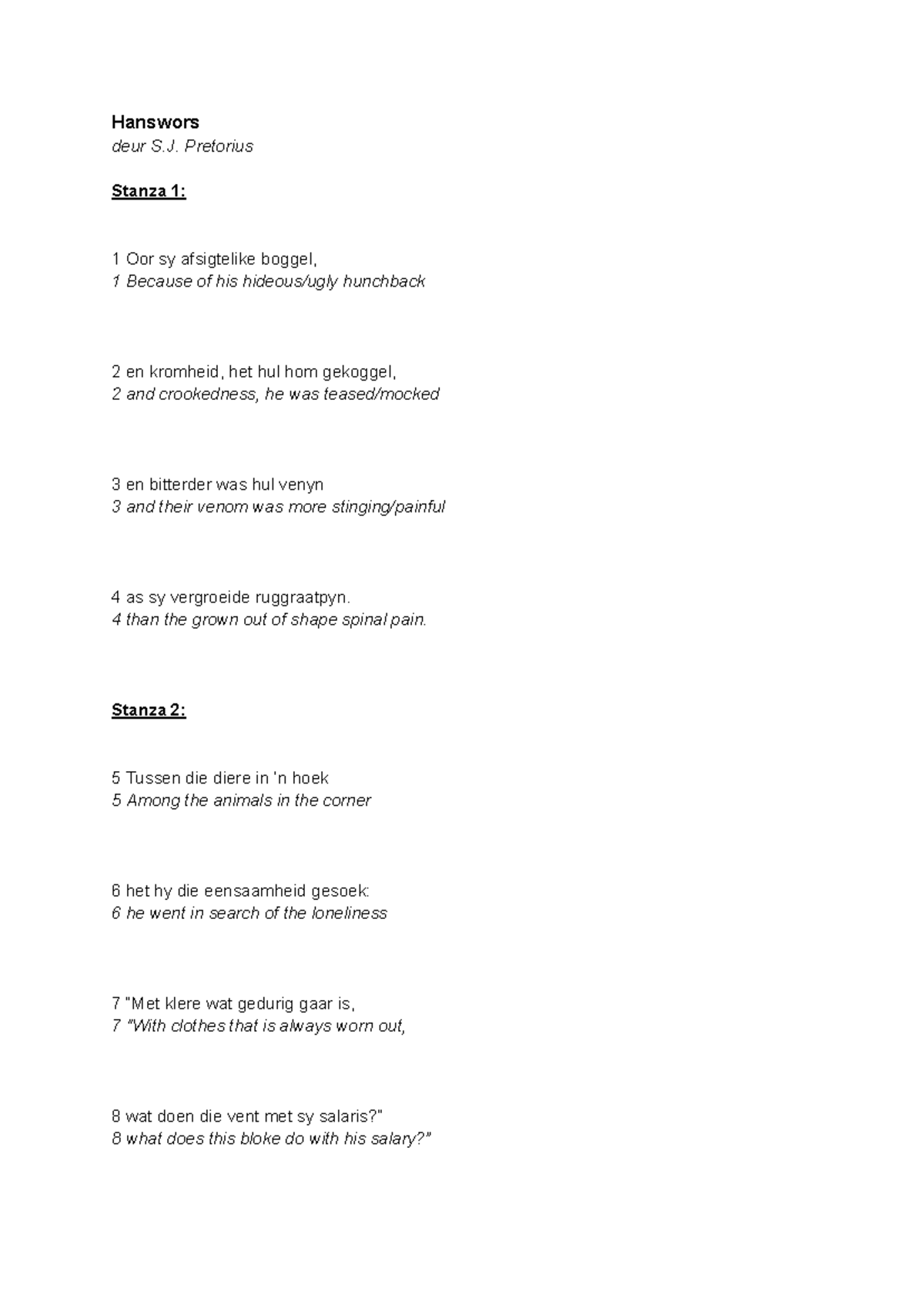 Hanswors - Grade 12 Afrikaans Poem Analysis & English Translation - Studocu