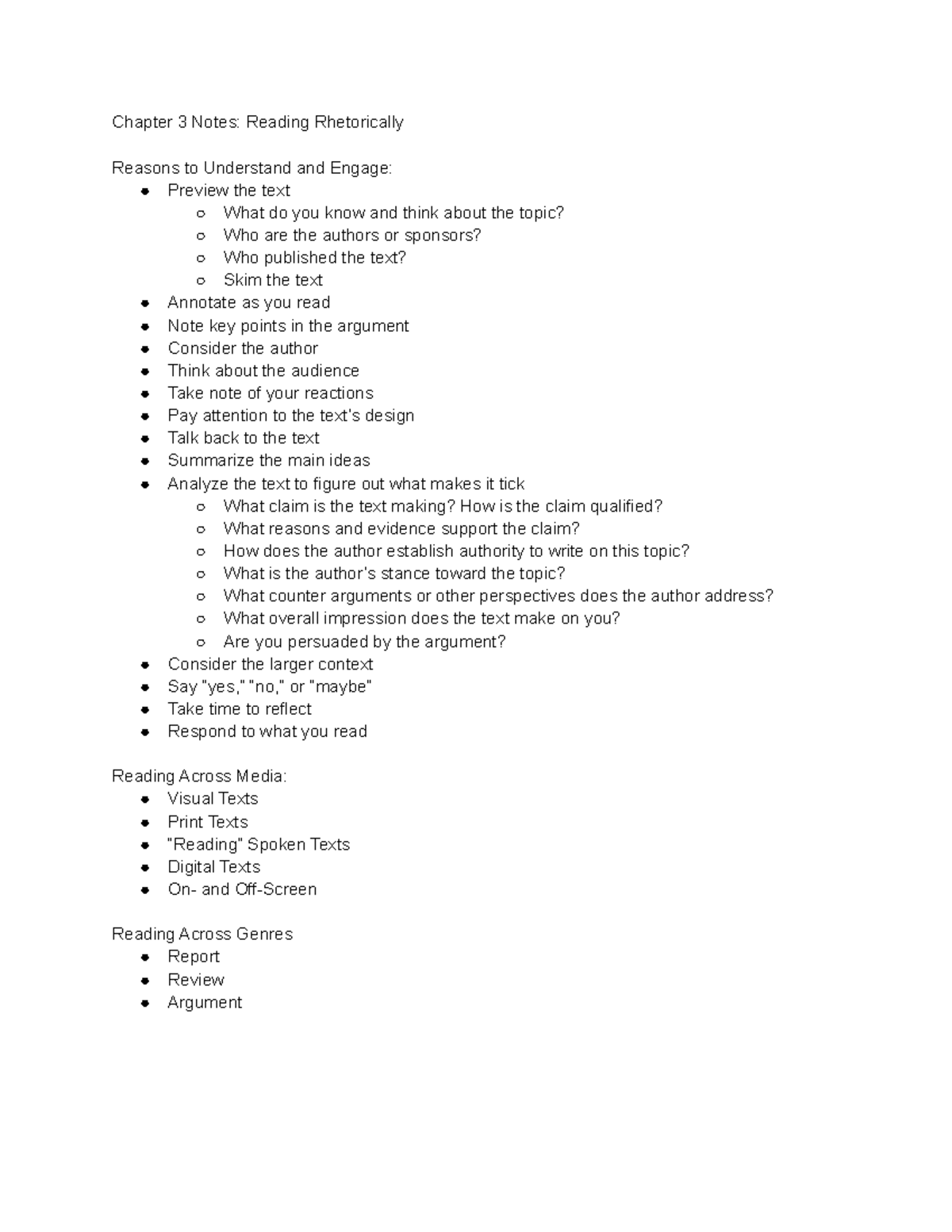 Chapter 3 Notes Reading Rhetorically - Chapter 3 Notes: Reading ...