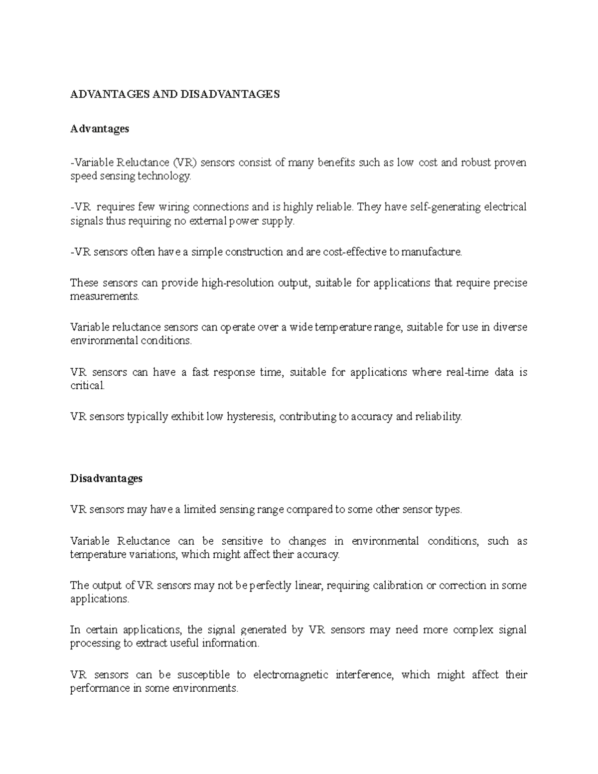 Advantages-AND- Disadvantages - ADVANTAGES AND DISADVANTAGES Advantages -Variable Reluctance (VR ...