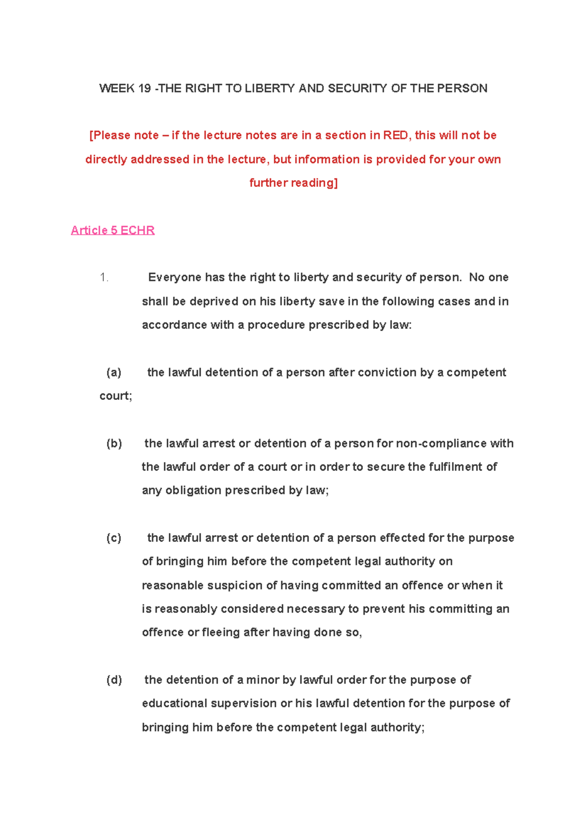 Week 19 - Lecture Notes on Article 5: Right to Liberty & Security - Studocu