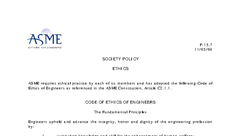 SOCIETY POLICY: ASME Code of Ethics for Engineers - Studocu