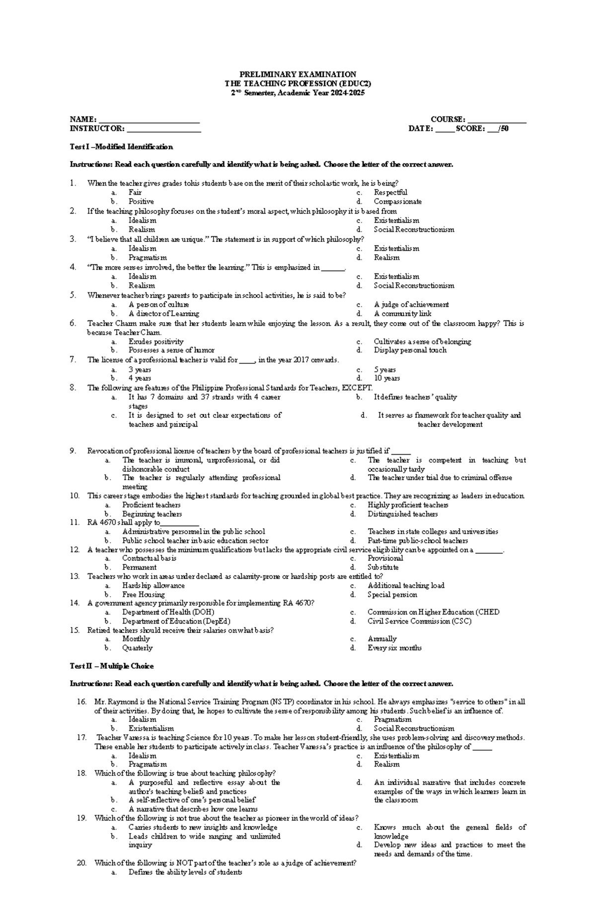 THE Teaching Profession - PRELIMINARY EXAMINATION THE TEACHING ...