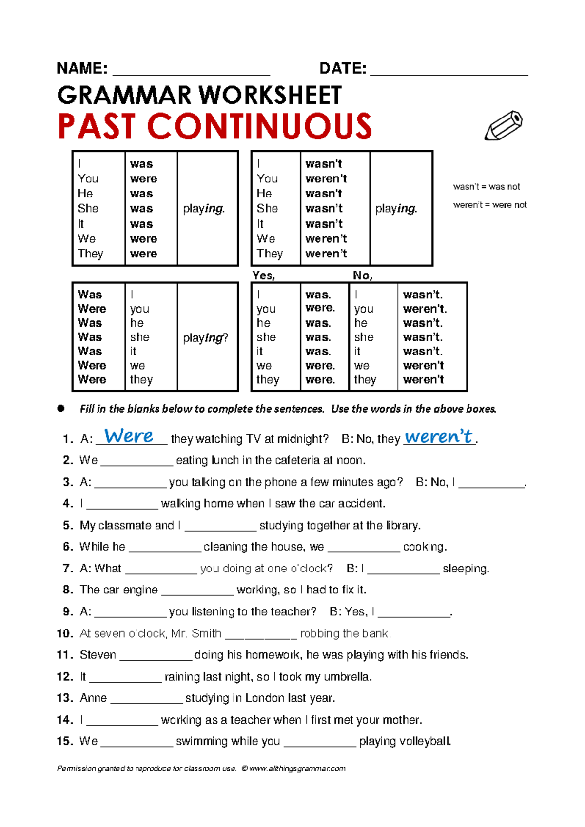 Atg-Worksheet: Past Continuous Tense Practice Exercise - Studocu