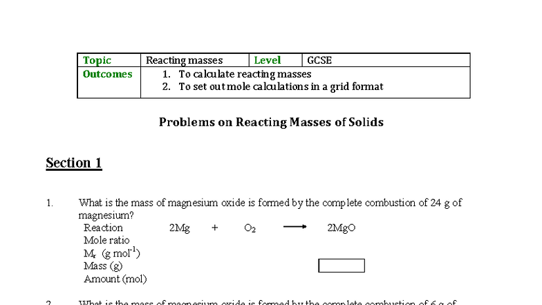 GCSE Reacting Masses Practice Questions and Calculations - Studocu