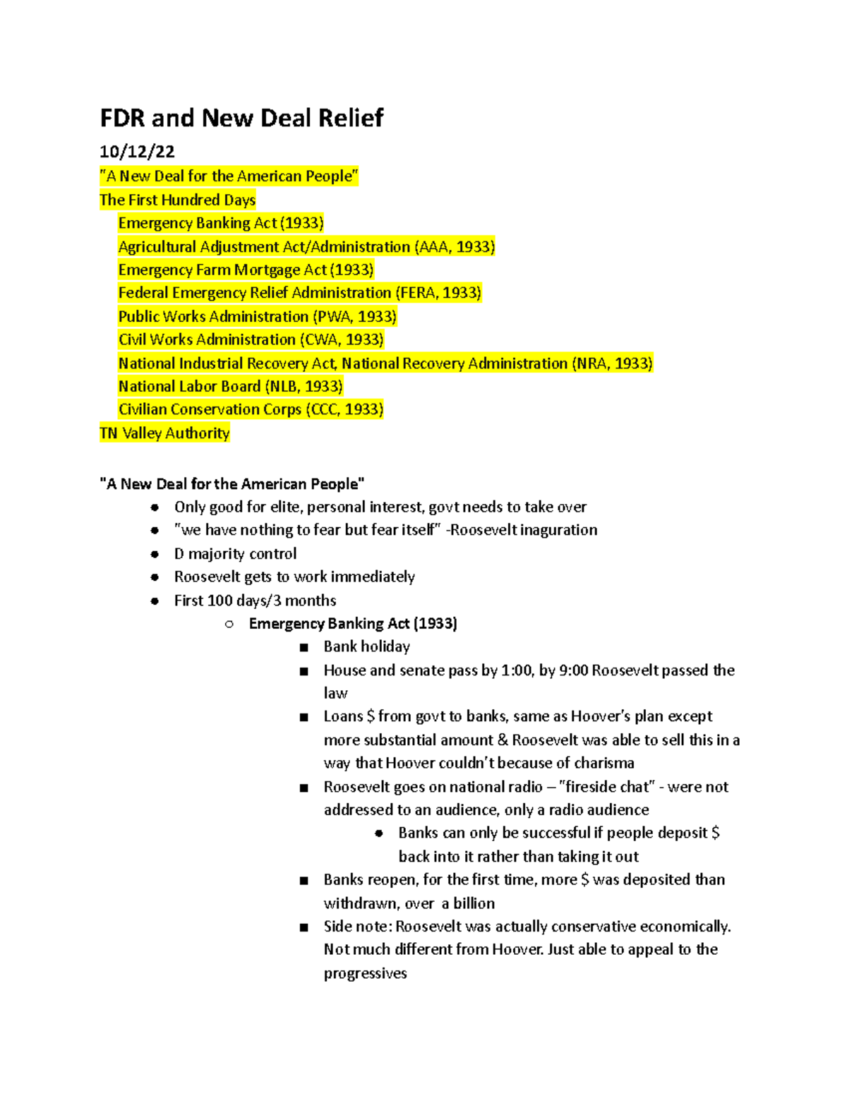 FDR and New Deal Relief - Detailed notes from class - essential essay ...