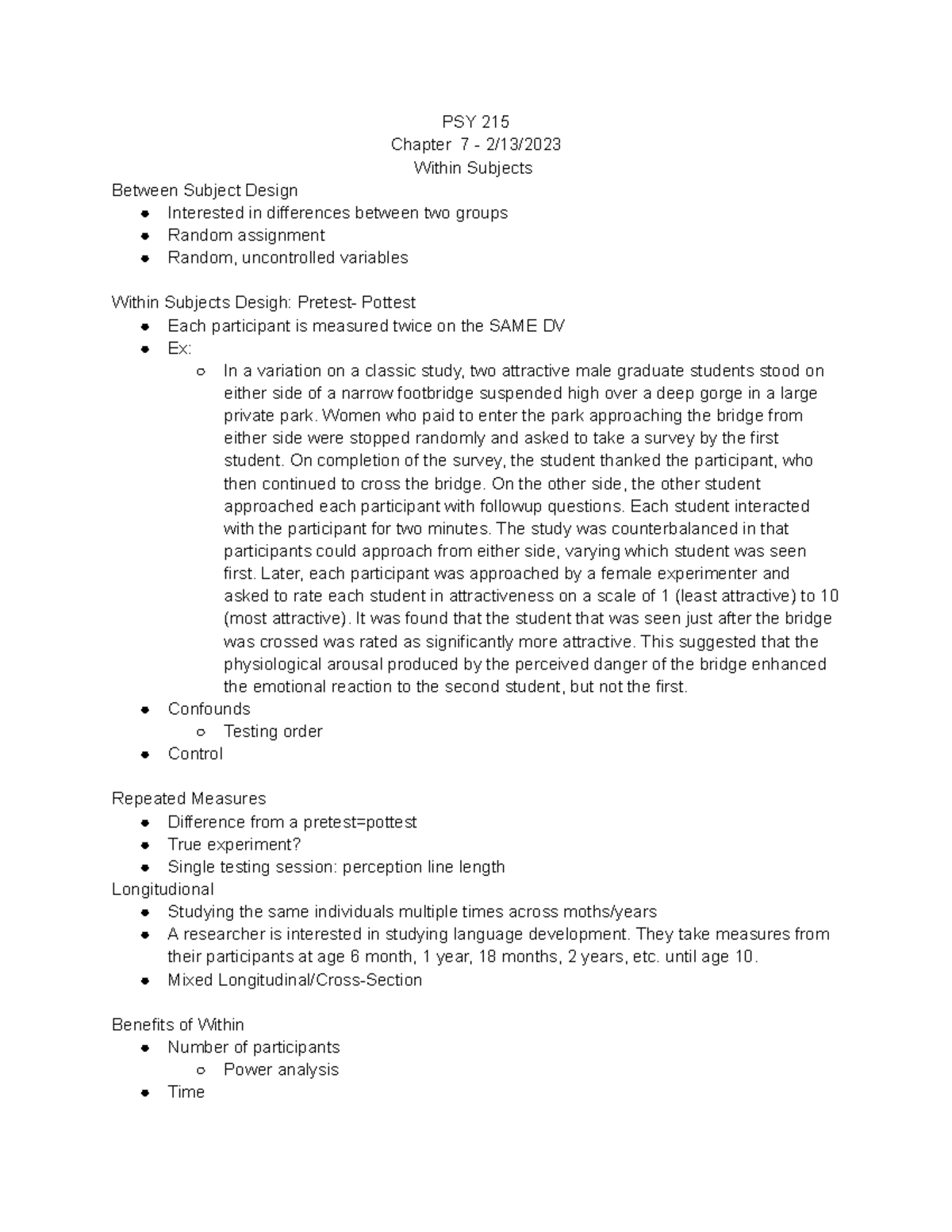 PSY 215 Chapter 7 - Within vs Between Subjects Design Overview - Studocu