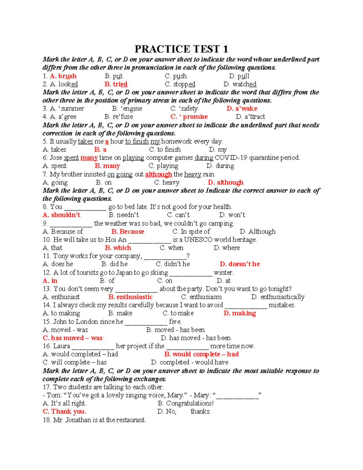 Practice Test 1: Pronunciation, Stress, and Grammar Questions - Studocu