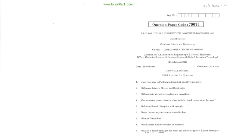 Object Oriented Programming - CS3391 2022 Nov Dec Question Paper - Studocu