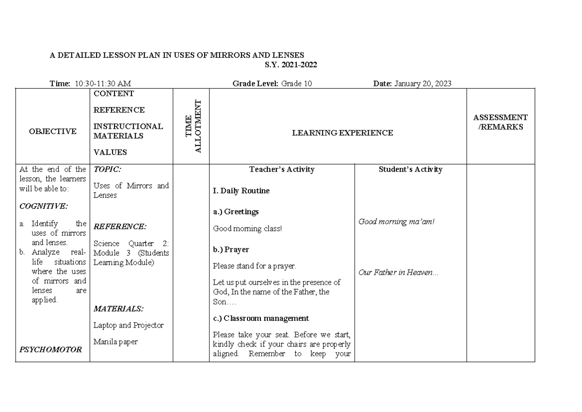 Final Demonstration Lesson Plan on Uses of Mirrors and Lenses (Physics ...