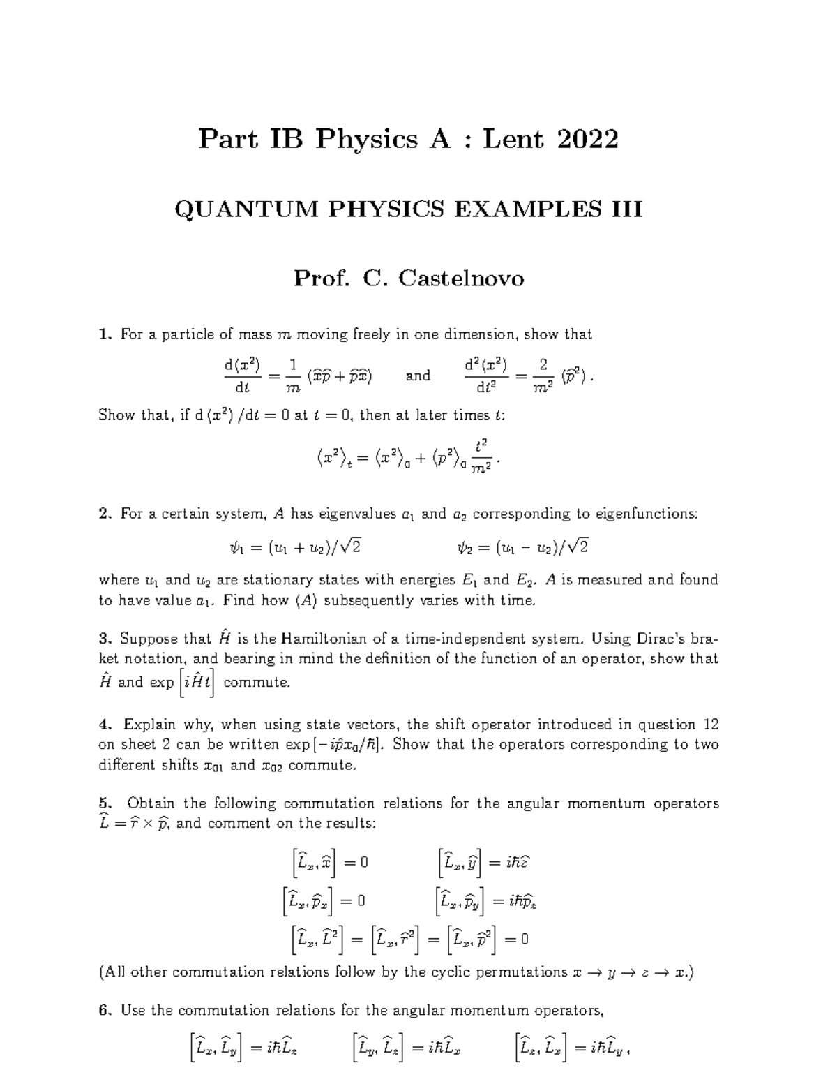 Part IB Physics A: Lent 2022 Quantum Physics Problem Sheet 3 - Studocu