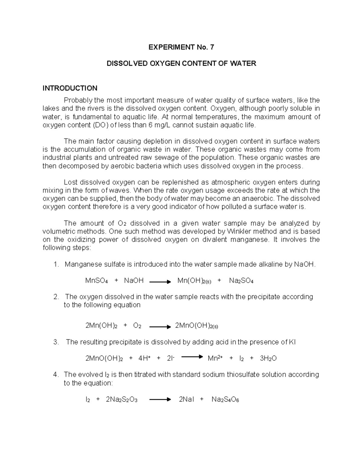 CM011L - Experiment 7: Analyzing Dissolved Oxygen in Water - Studocu