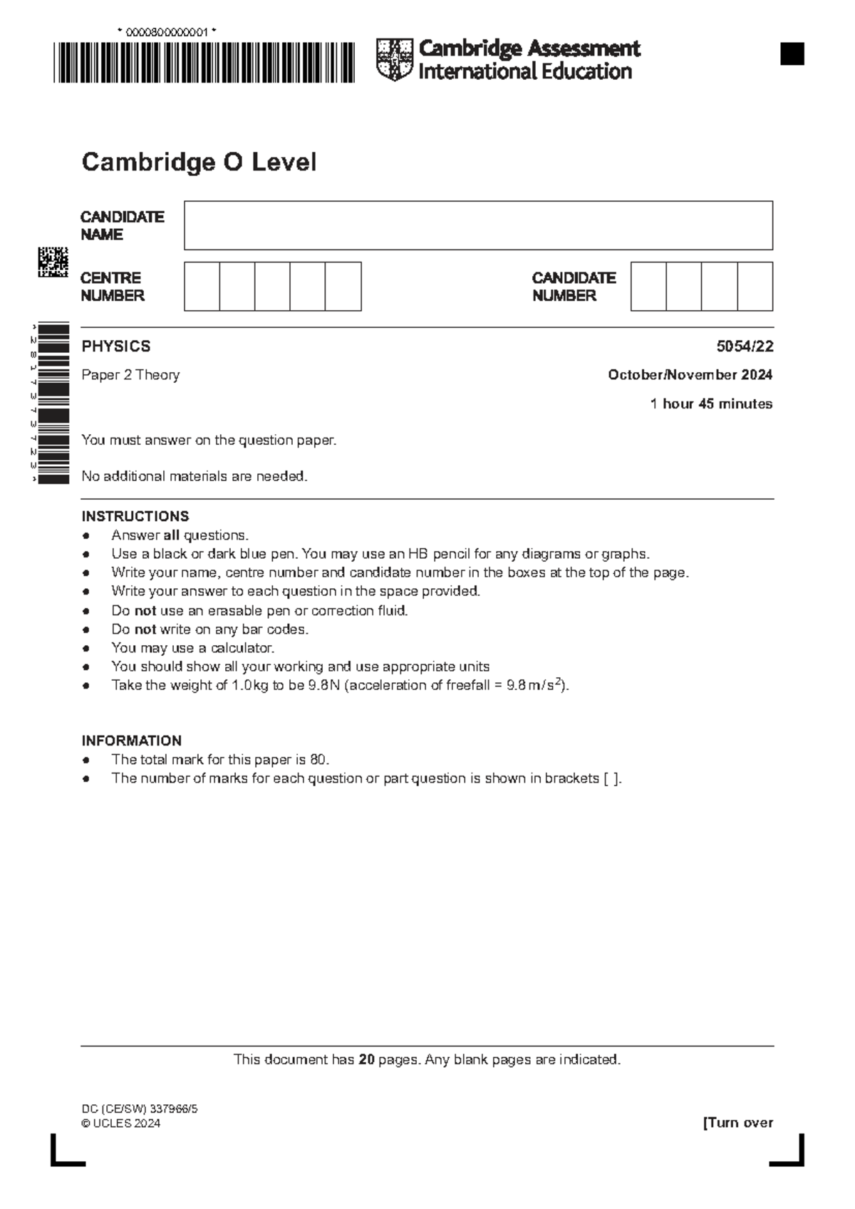 Cambridge O Level 5054 Physics Paper 2 Theory 2024 - 1h 45m Exam - Studocu