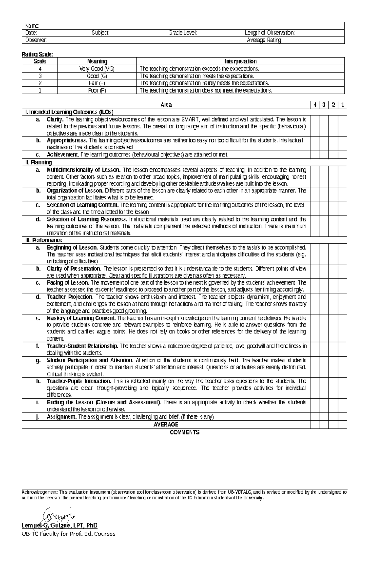 Rubric for Teaching Demo Evaluation - Prof. Ed. Courses - Studocu