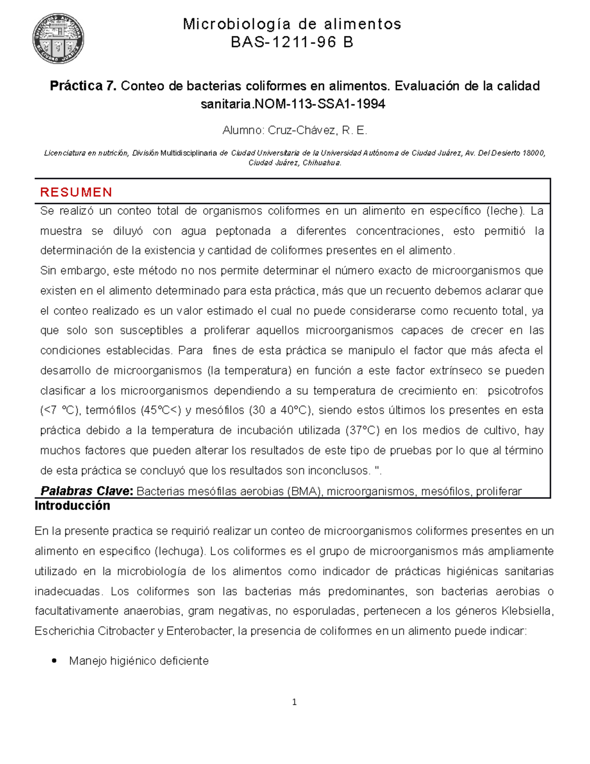Práctica 7: Conteo de Bacterias Coliformes en Alimentos - BAS-1211-96 B ...