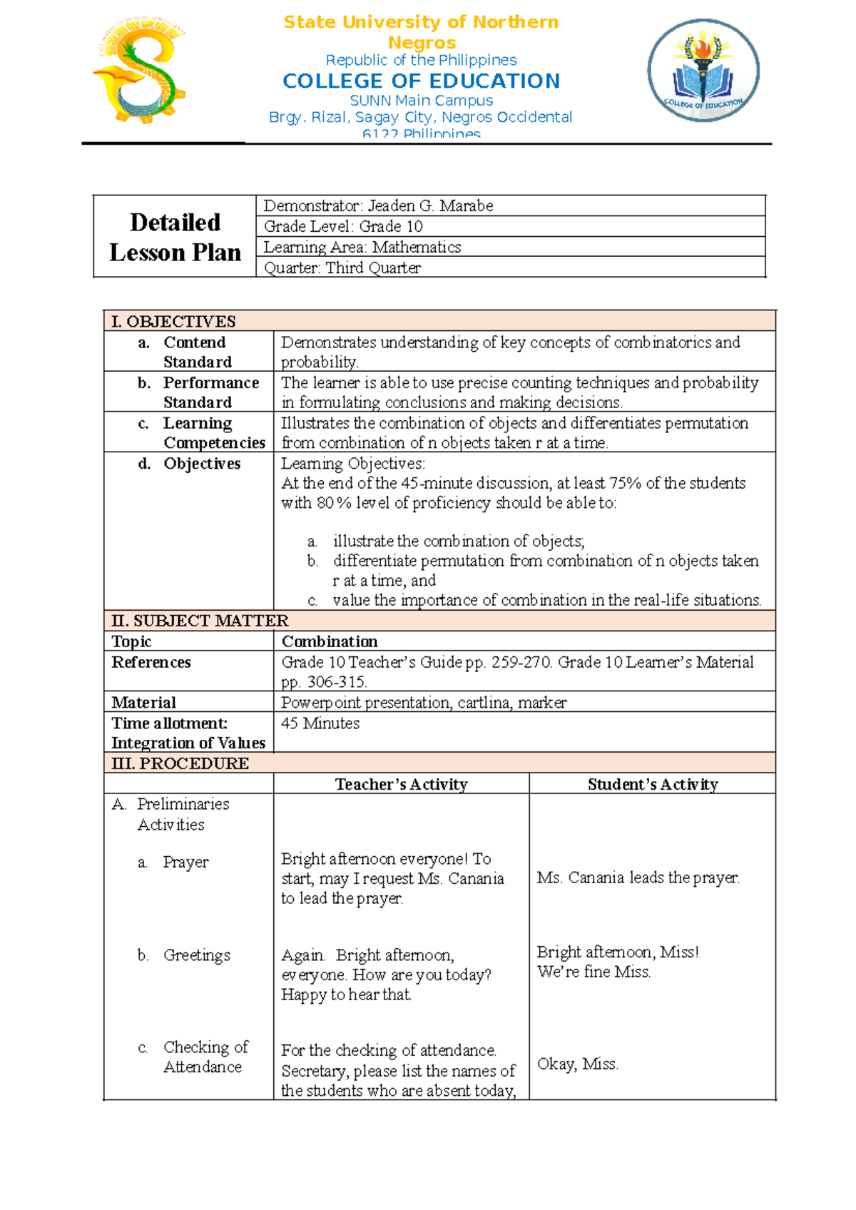 Grade 10 Math Lesson Plan: Combinations and Permutations - Studocu