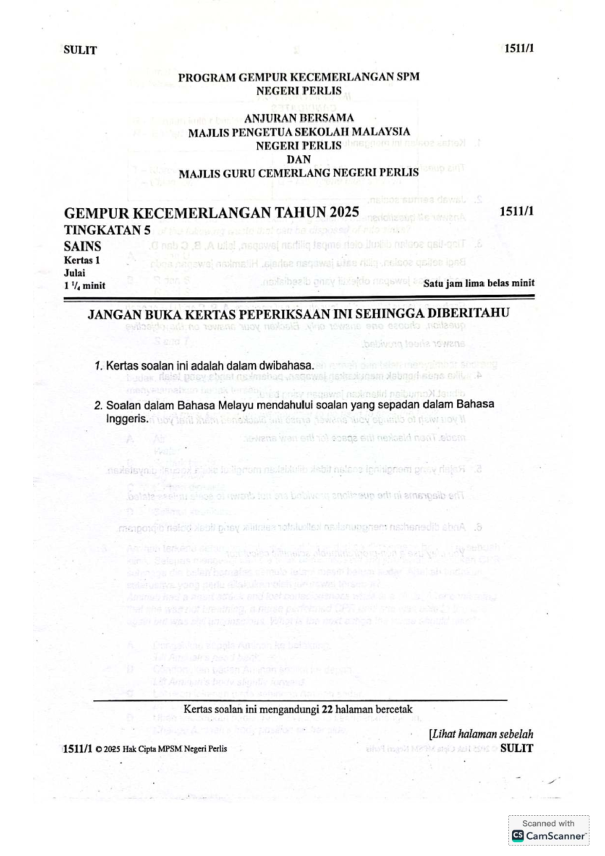 SULIT 1511/1 Kertas Soalan Sains Percubaan SPM 2025 Negeri Perlis - Studocu
