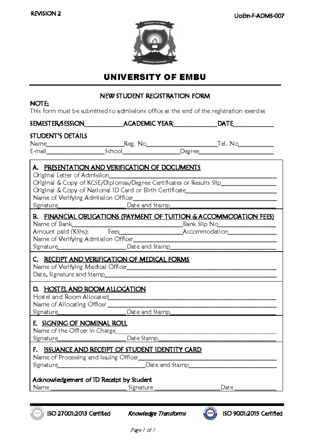 Form007: New Student Registration Form - University of Embu - Studocu
