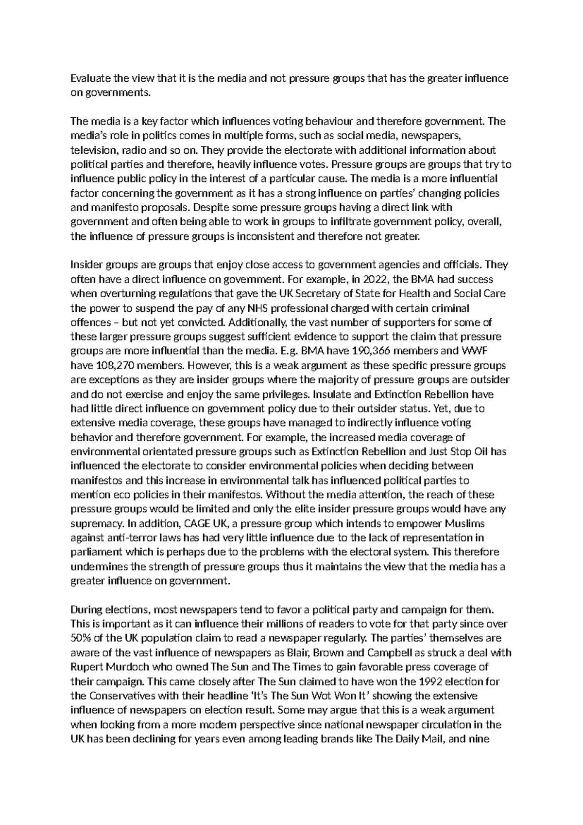Evaluating Media vs Pressure Groups: Influence on Governments - Studocu