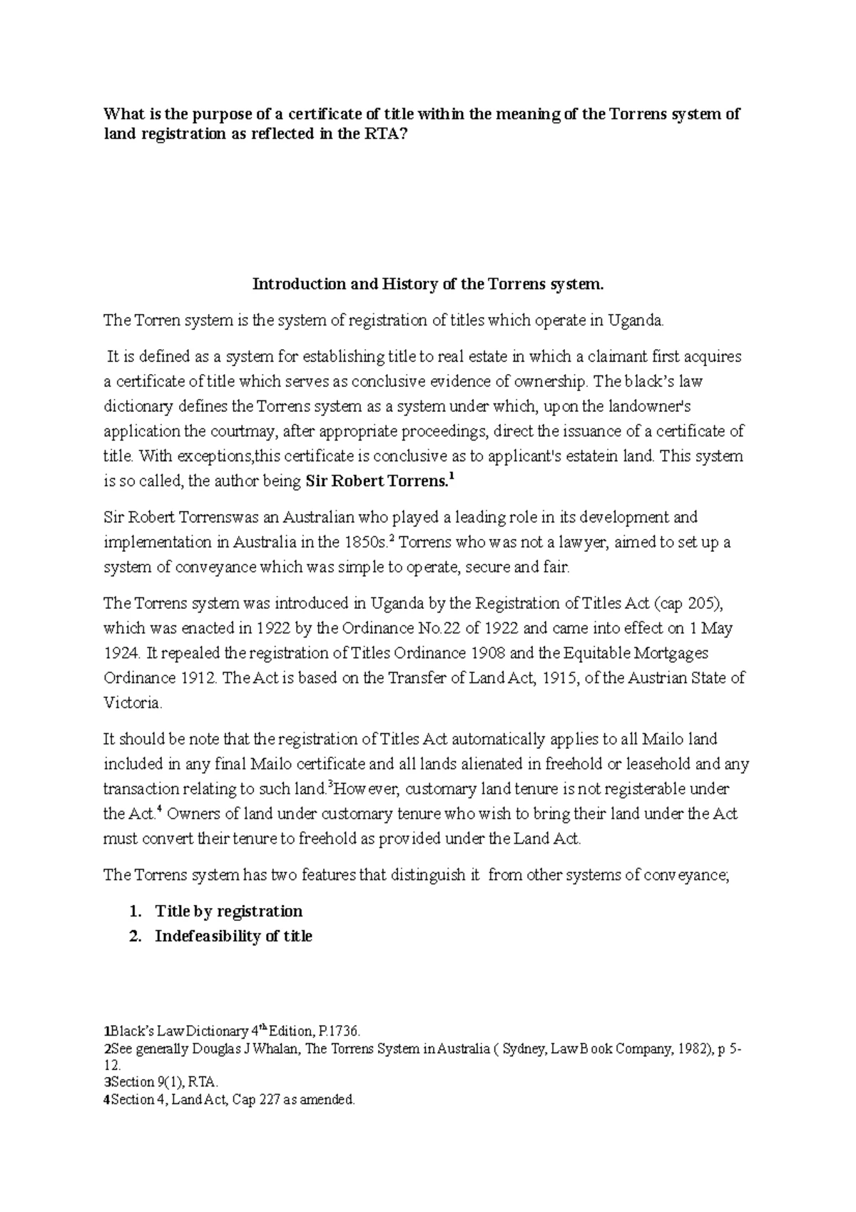 Torrens System IN Uganda - TORREN'S SYSTEM OF LAND IN UGANDA QUESTION ...