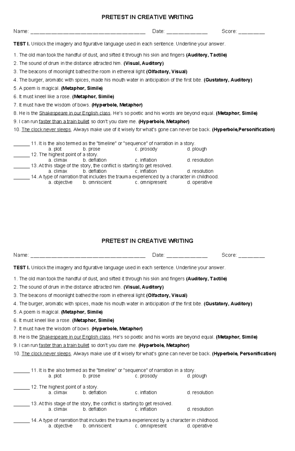 Pretest in Creative Writing (CW101) - Imagery & Figurative Language ...