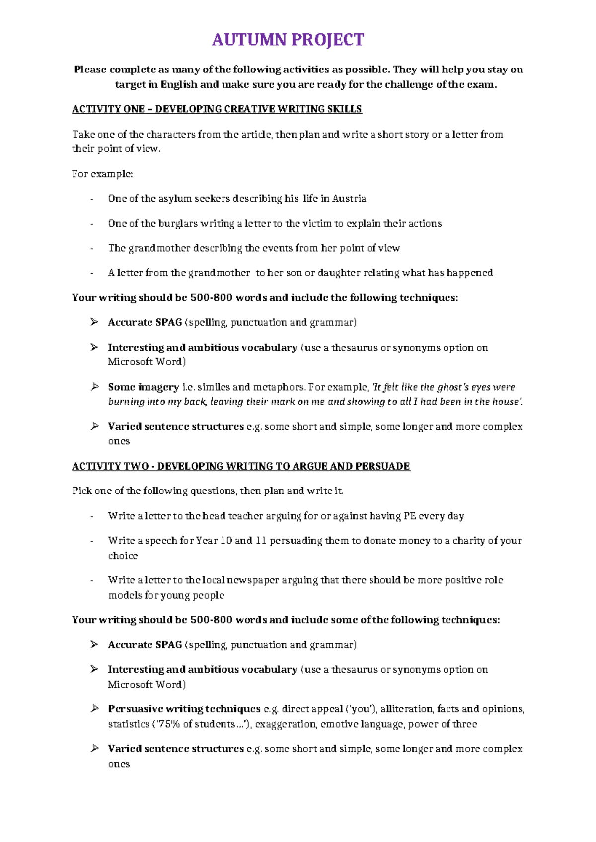 Year 10 English Summer Project 2015: Creative Writing & Analysis ...