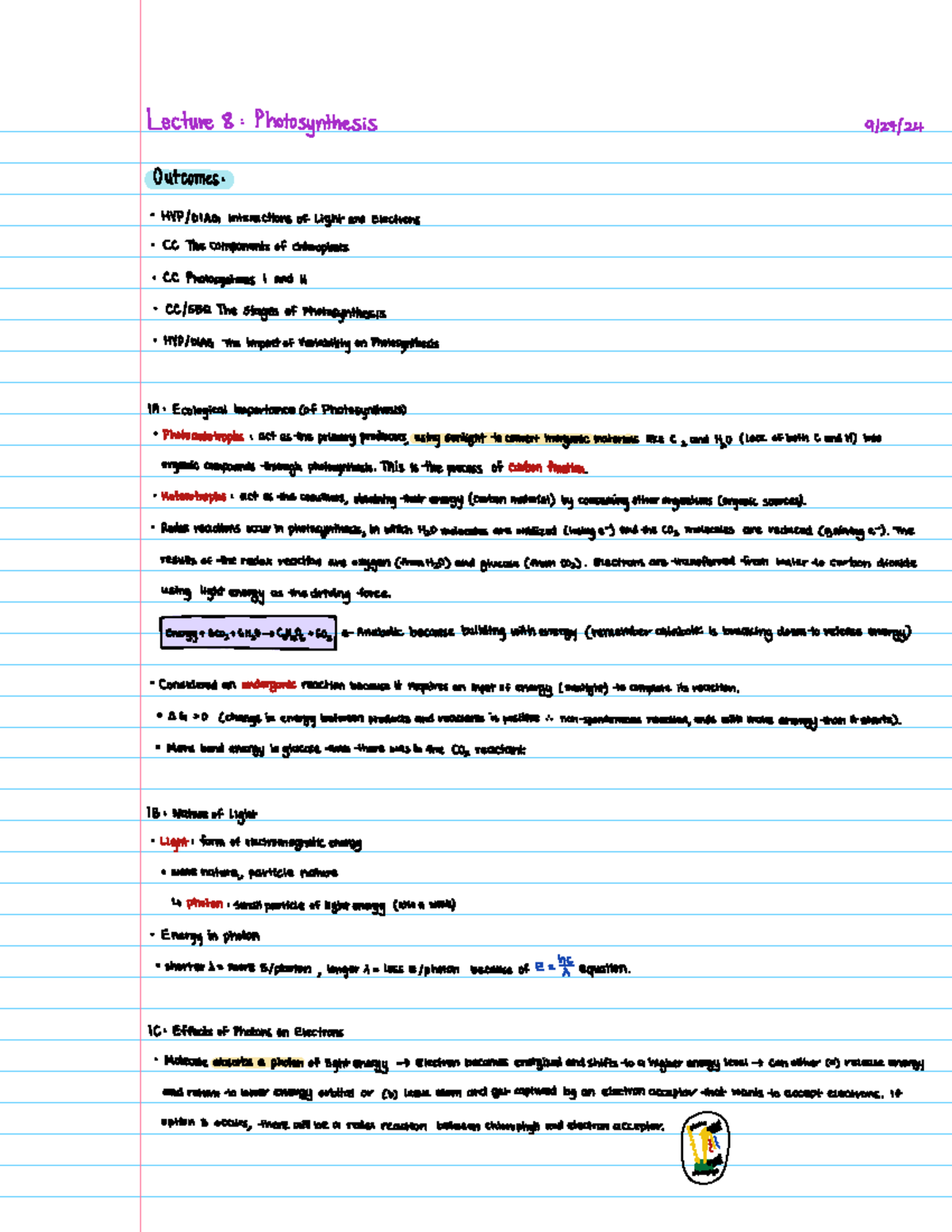 Lecture 8 & 9: Photosynthesis and Cellular Respiration Overview - Studocu