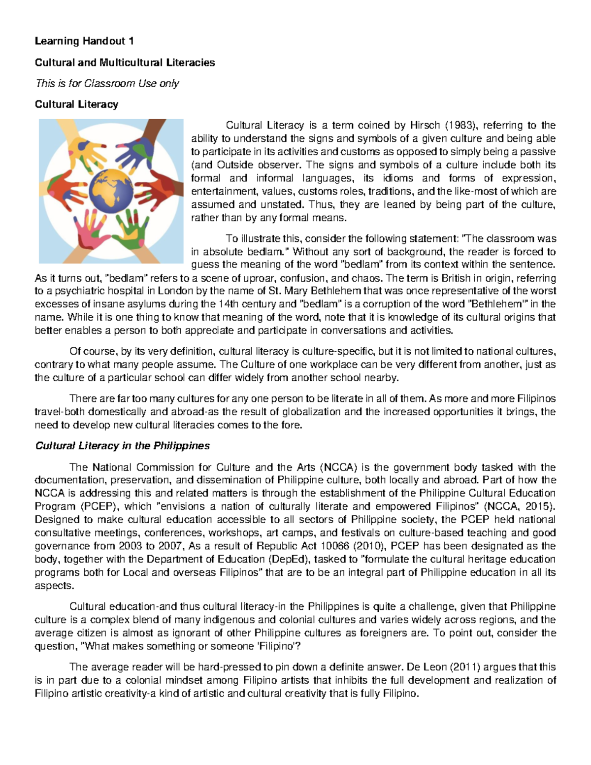 LH 1 - Understanding Cultural and Multicultural Literacy Concepts - Studocu
