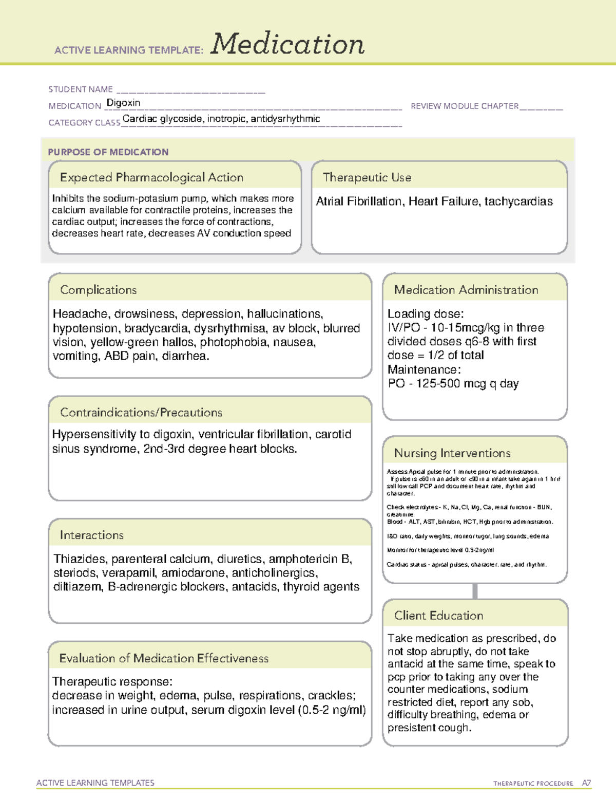 Digoxin Drug Card - Active Learning Template for Nursing Students - Studocu
