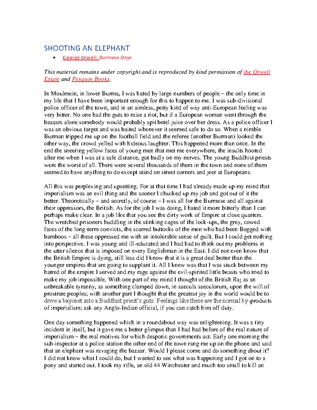 Shooting an Elephant: Analysis of George Orwell's Burmese Days - Studocu