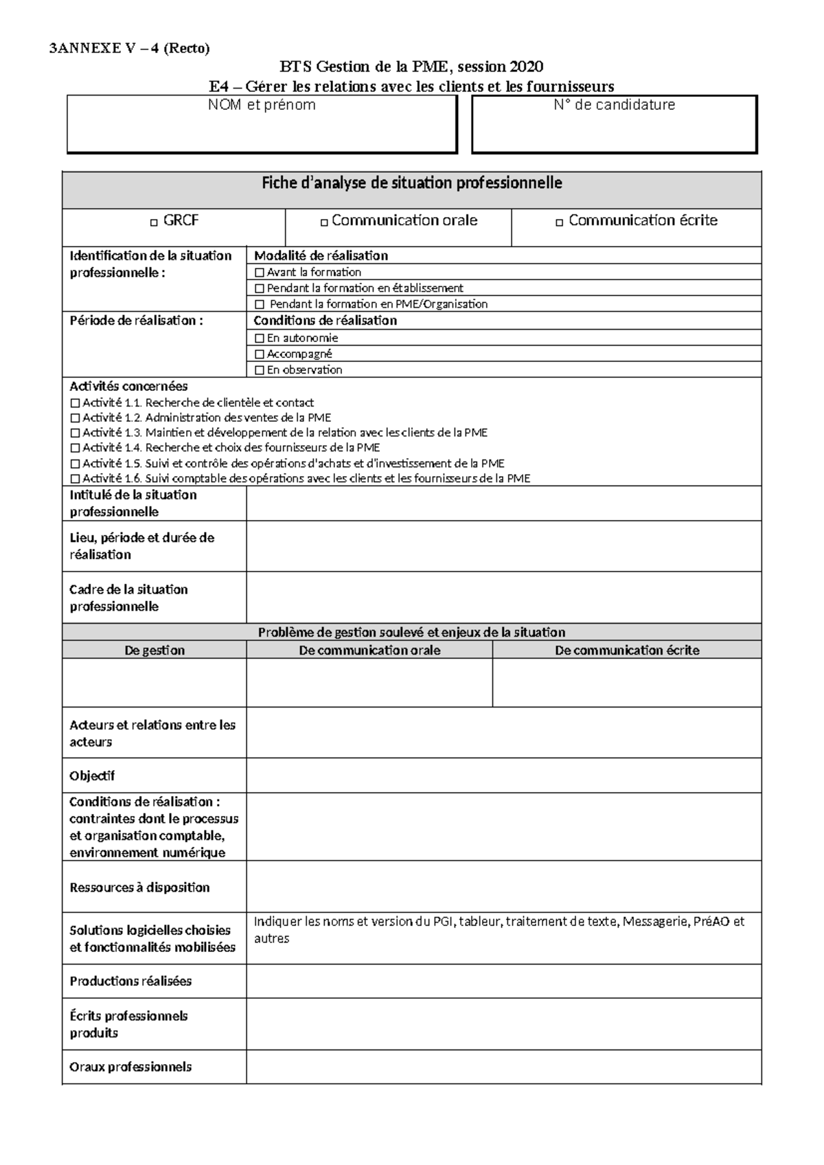 Fiche d'analyse de situation professionnelle - EC3 - BTS Gestion PME - Studocu
