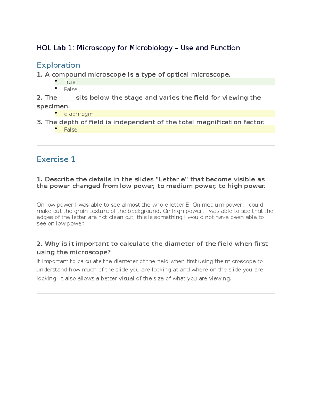 HOL Lab 1 - HOL UNE Microbio 1020L Lab #1 - HOL Lab 1: Microscopy for ...