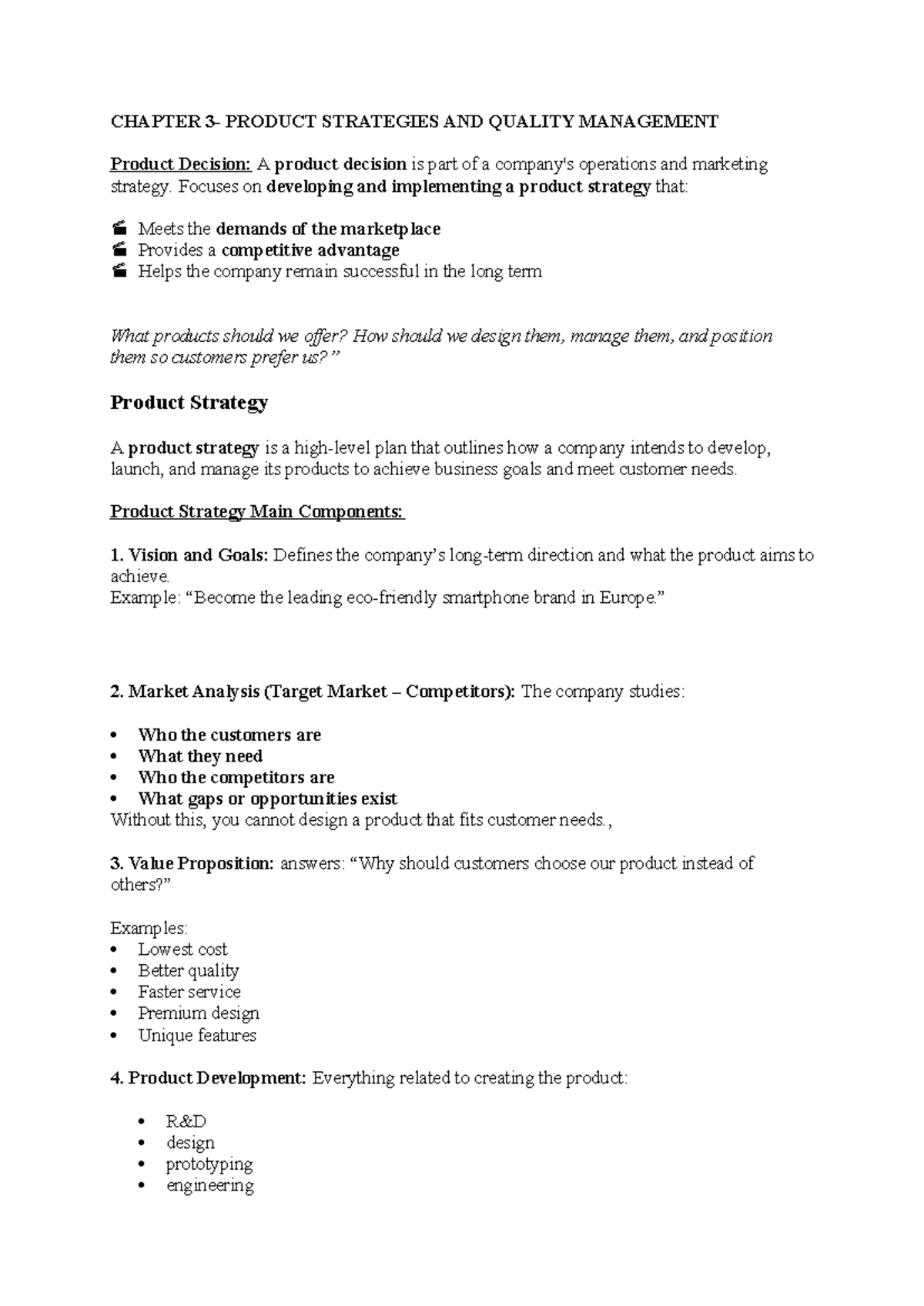 CHAPTER 3 - PRODUCT STRATEGIES AND QUALITY MANAGEMENT NOTES - Studocu