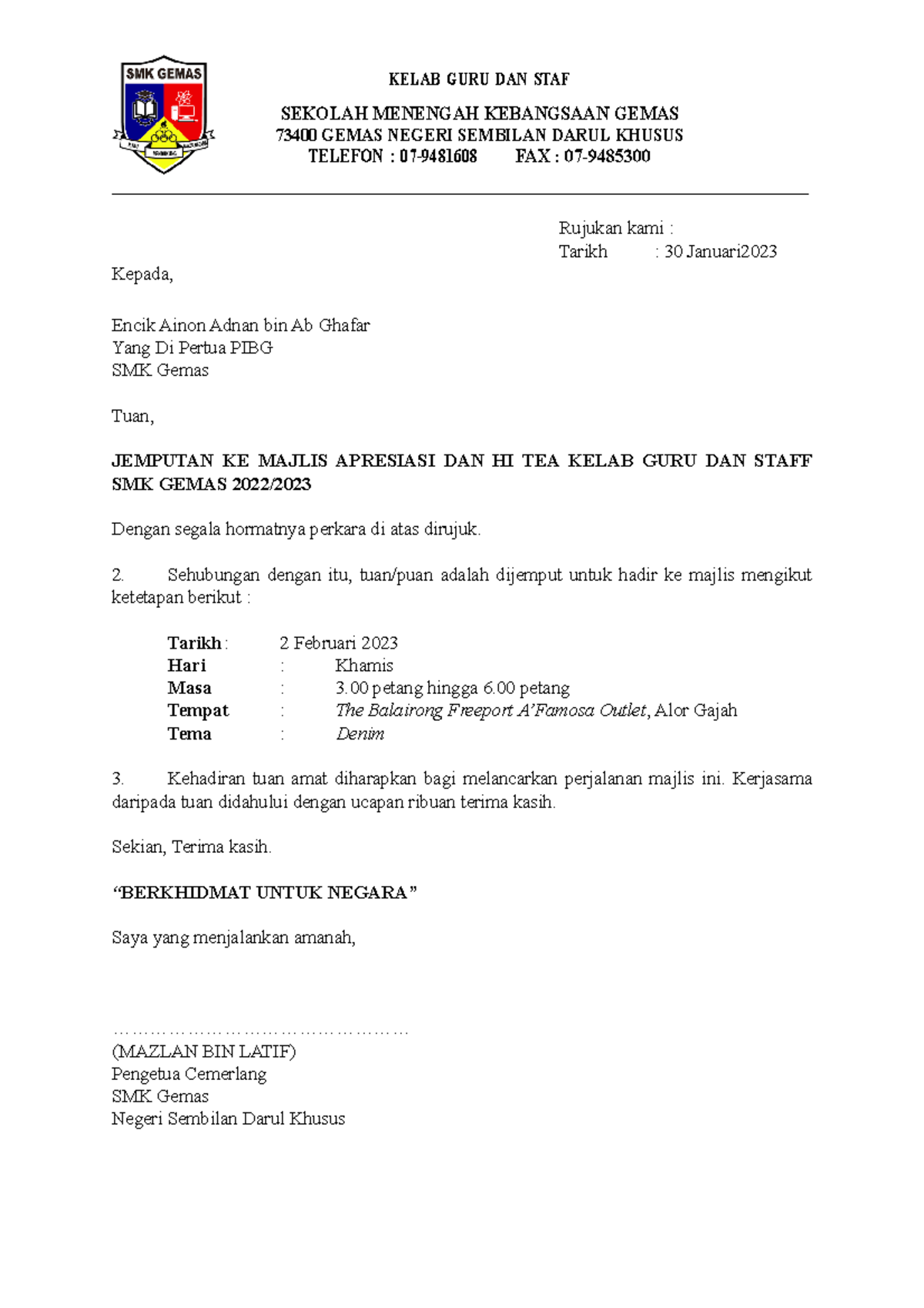 Surat Jemputan Majlis Apresiasi & Hi Tea SMK Gemas 2022/2023 - Studocu